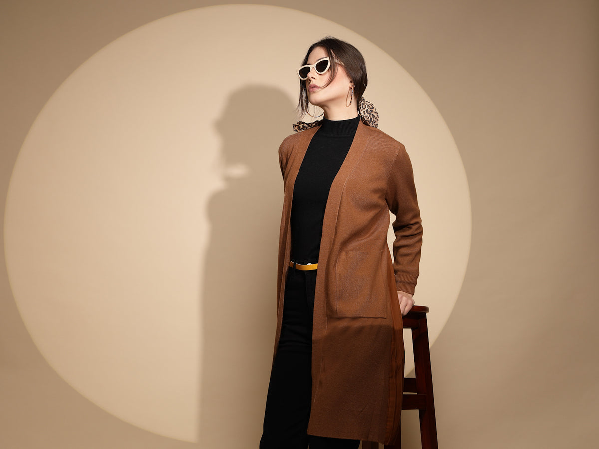 Women Brown Solid Lapel Collar Neck Full Sleeve Knitted Winter Shrug