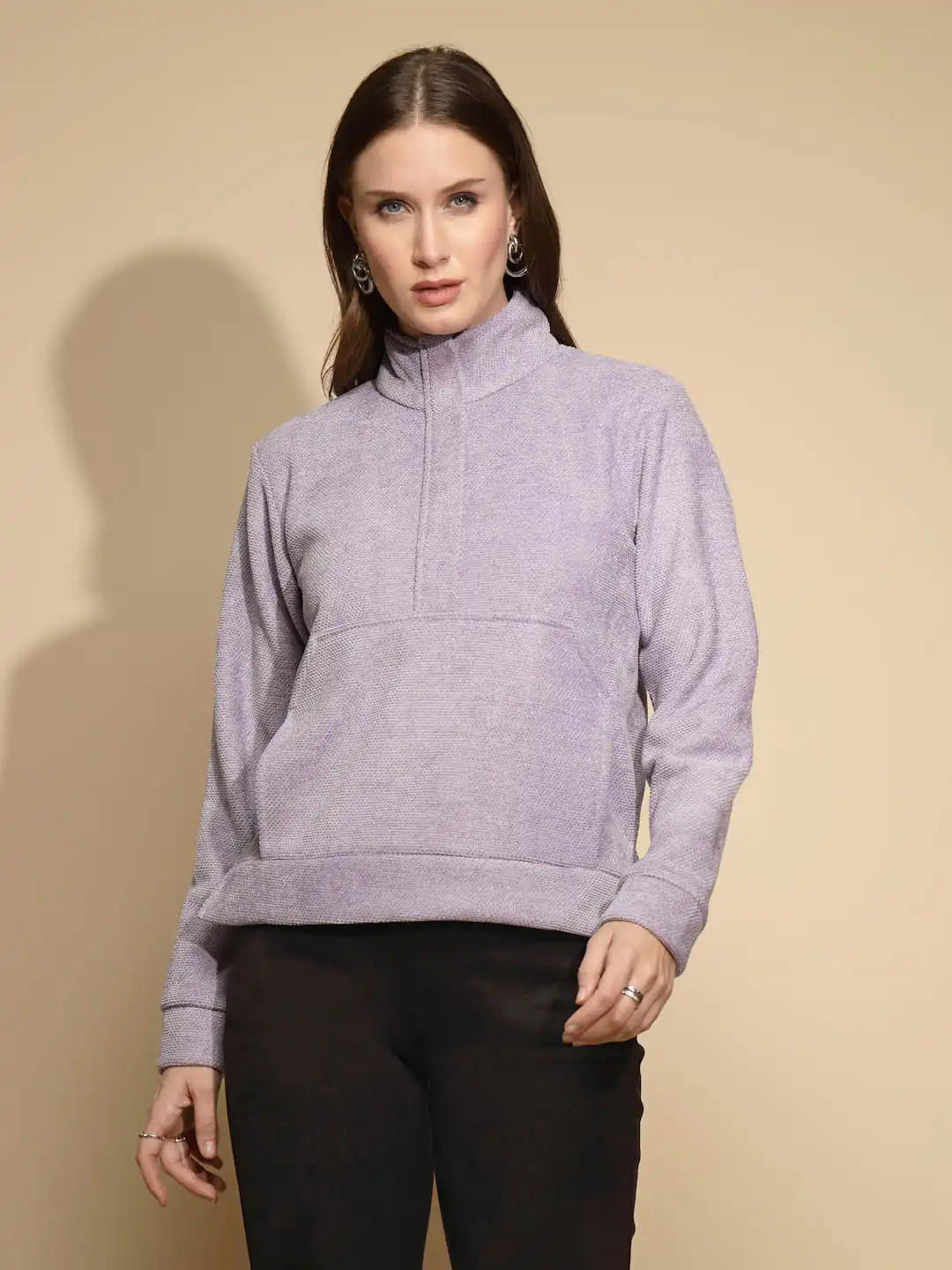 Lilac Solid Full Sleeve Turtle Neck Fleece Sweatshirt