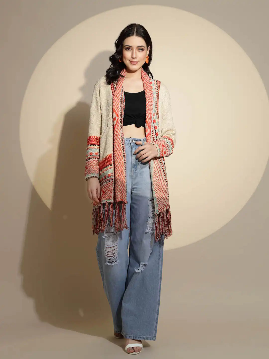 Beige Geometric Print Full Sleeve Collared Neck Knitted Shrug