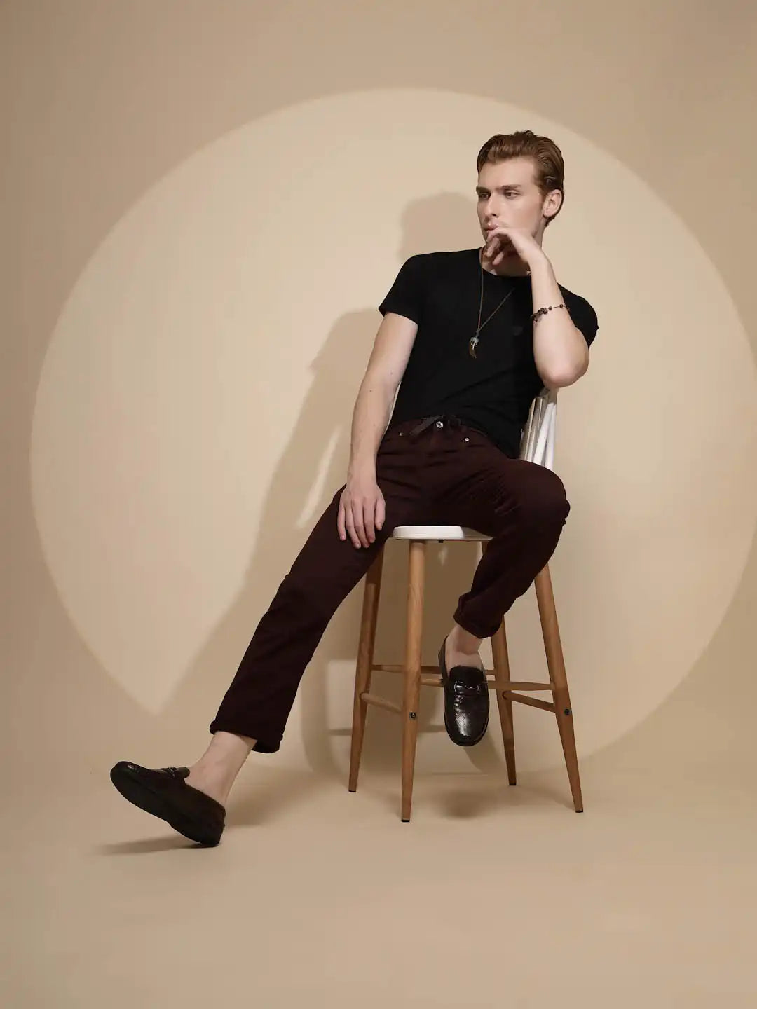 Maroon Solid Mid Rise Straight Denim Jeans