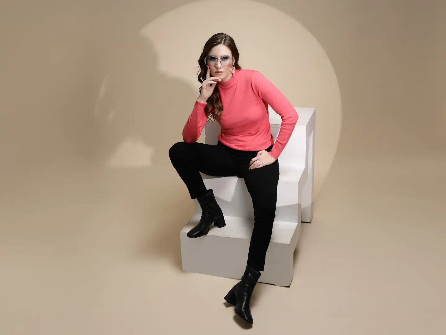 Women Hot Pink Solid Full Sleeve Turtle Neck Nylon Skivvy