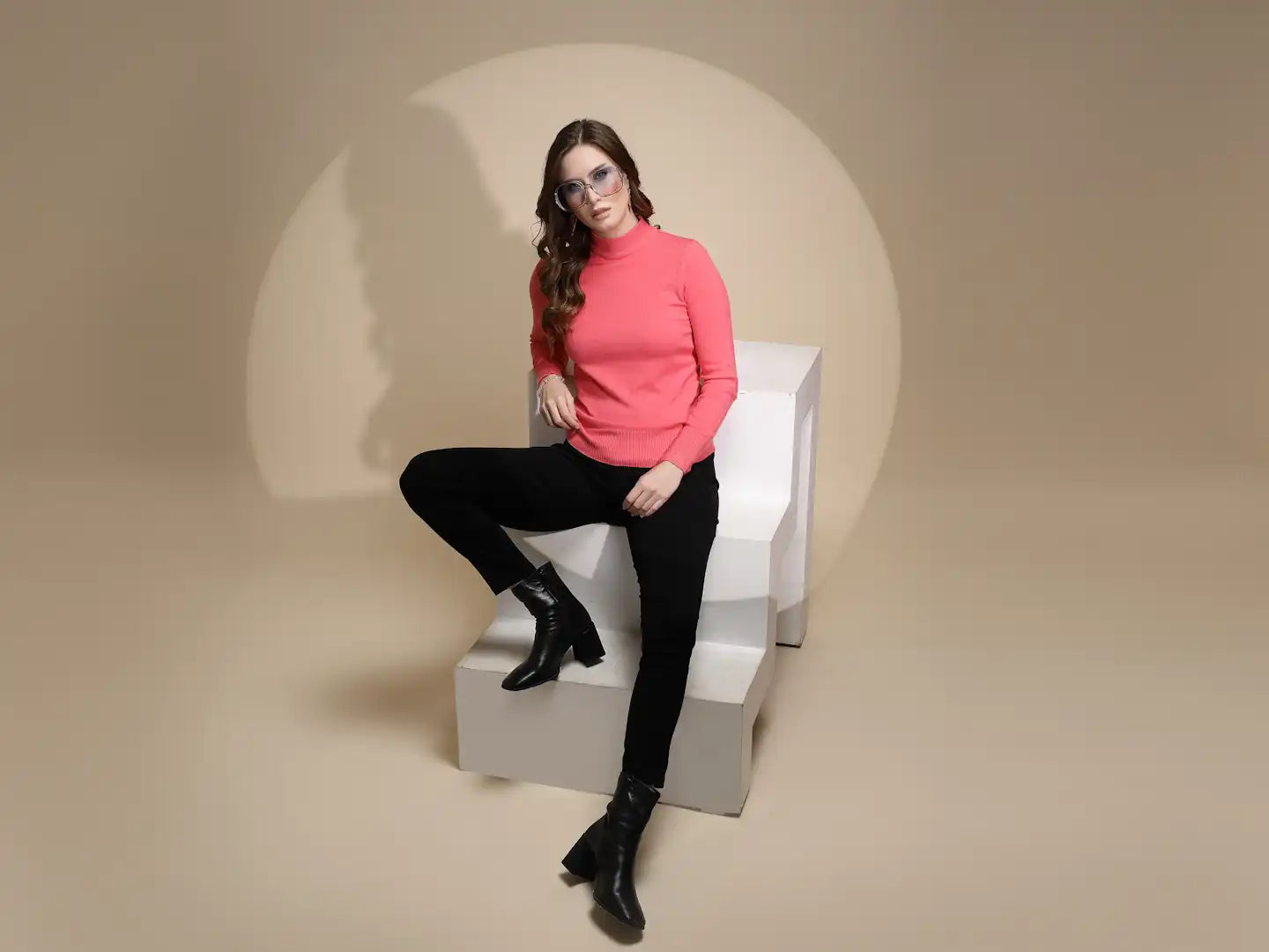 Women Hot Pink Solid Full Sleeve Turtle Neck Nylon Skivvy