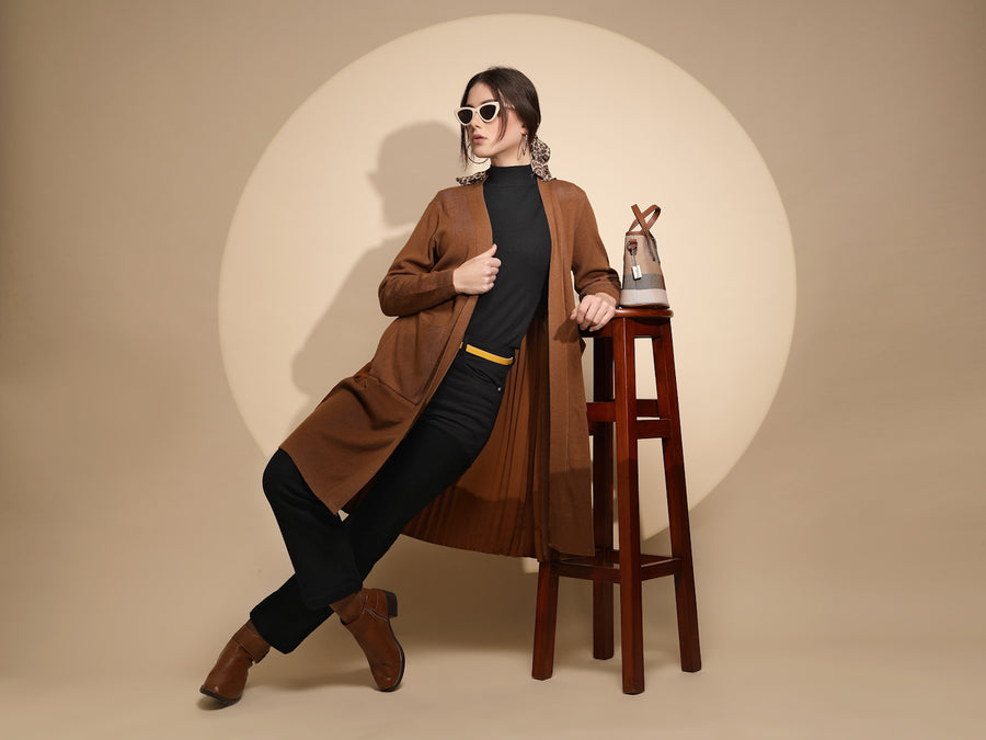 Women Brown Solid Lapel Collar Neck Full Sleeve Knitted Winter Shrug