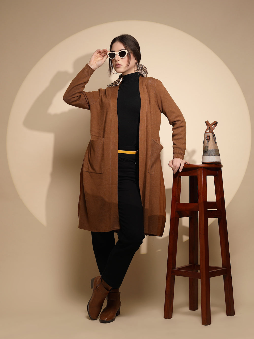 Women Brown Solid Lapel Collar Neck Full Sleeve Knitted Winter Shrug