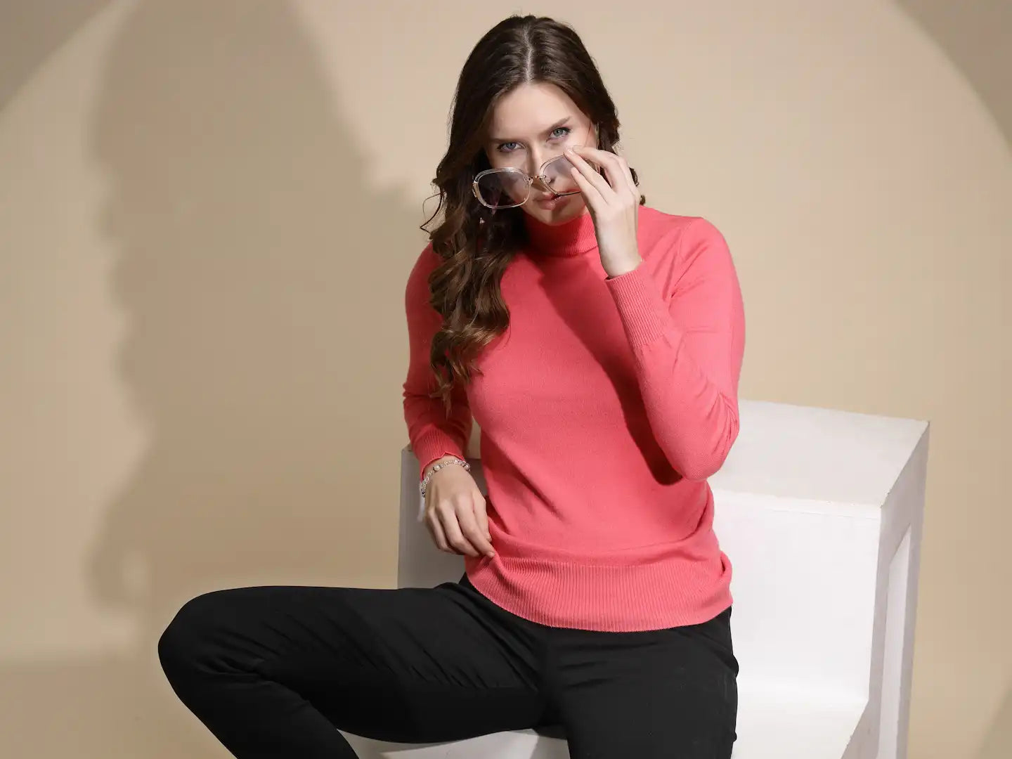 Women Hot Pink Solid Full Sleeve Turtle Neck Nylon Skivvy