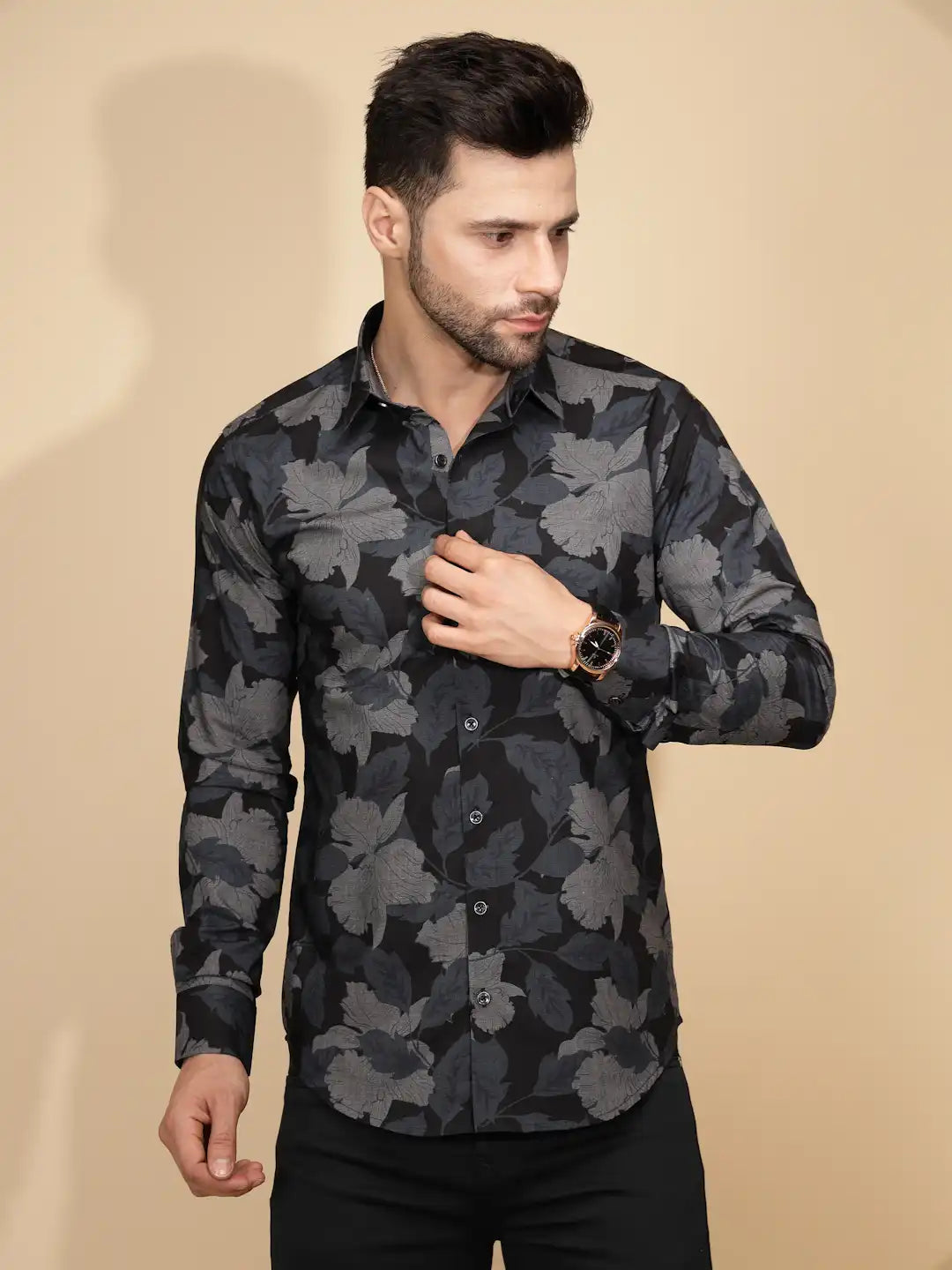 Black Cotton Regular Fit Shirt For Mens
