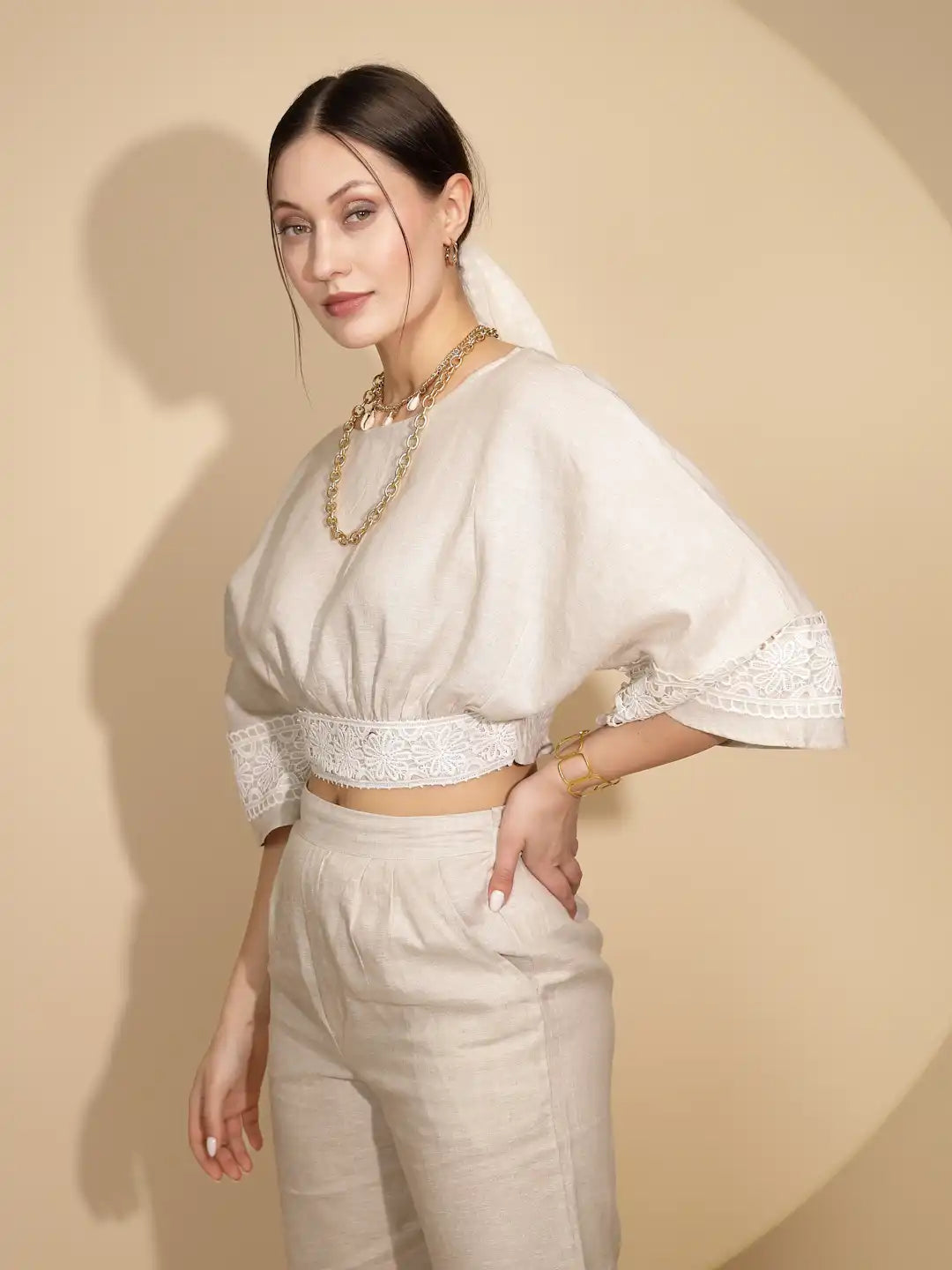 Beige Linen Regular Fit Blouson Top For Women