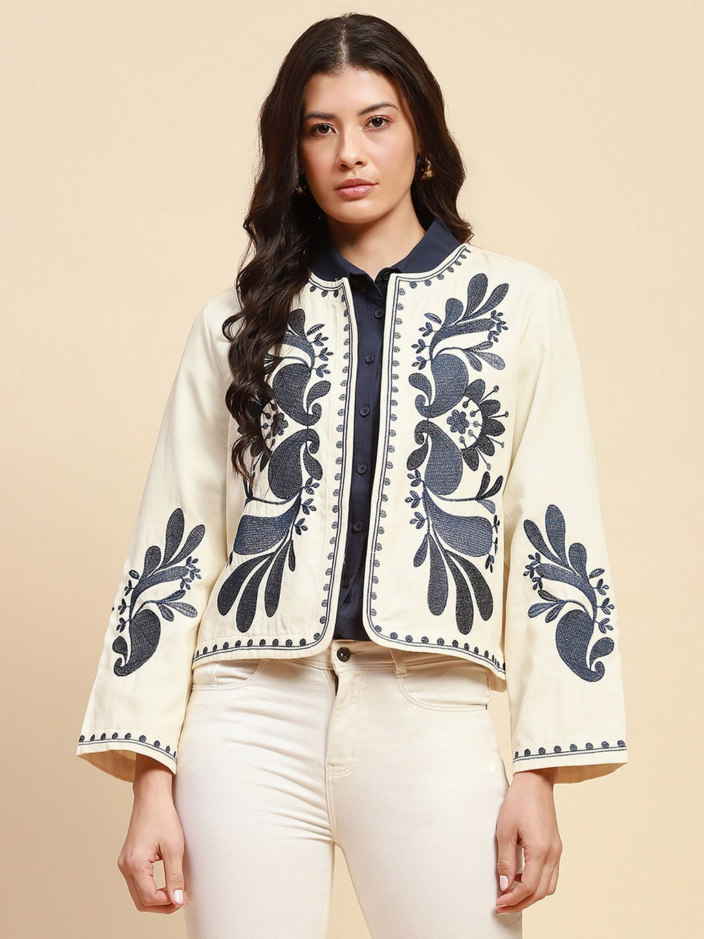 Cream & Blue Cotton Loose Fit Shrug – Global Republic