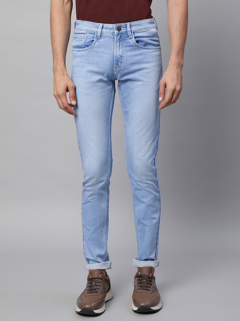 Mens Light Blue Denim Solid Mid Rise Slim Fit Jeans