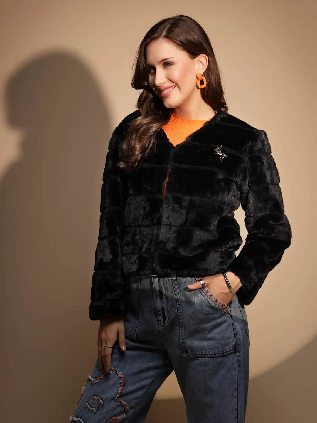 Black Solid Collared Neck Acrylic Jacket