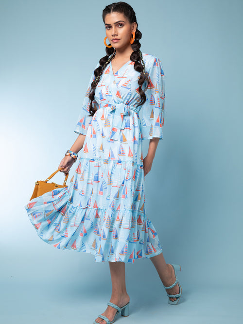 Sky Blue Printed Cotton Dress – Global Republic