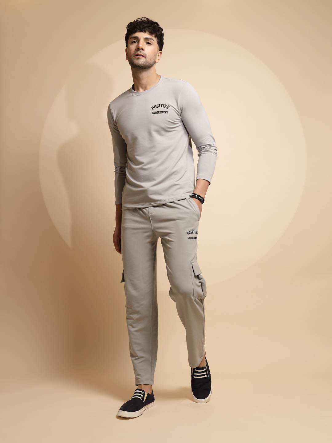 Beige Solid Full Sleeve Round Neck Cotton Blend Night Set