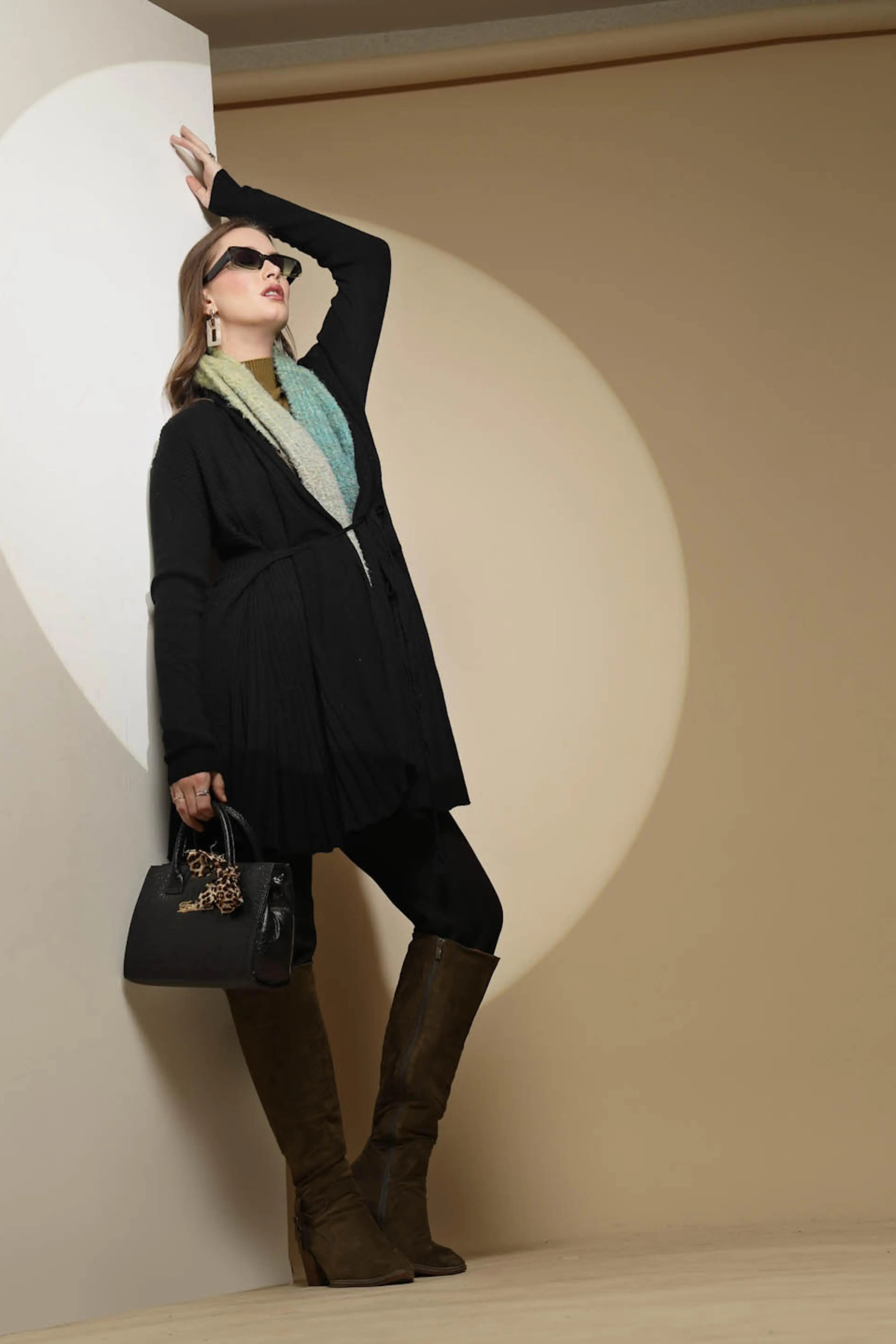 Solid Black Full Sleeve Open Neck Wrap Woolen Winter Shru...