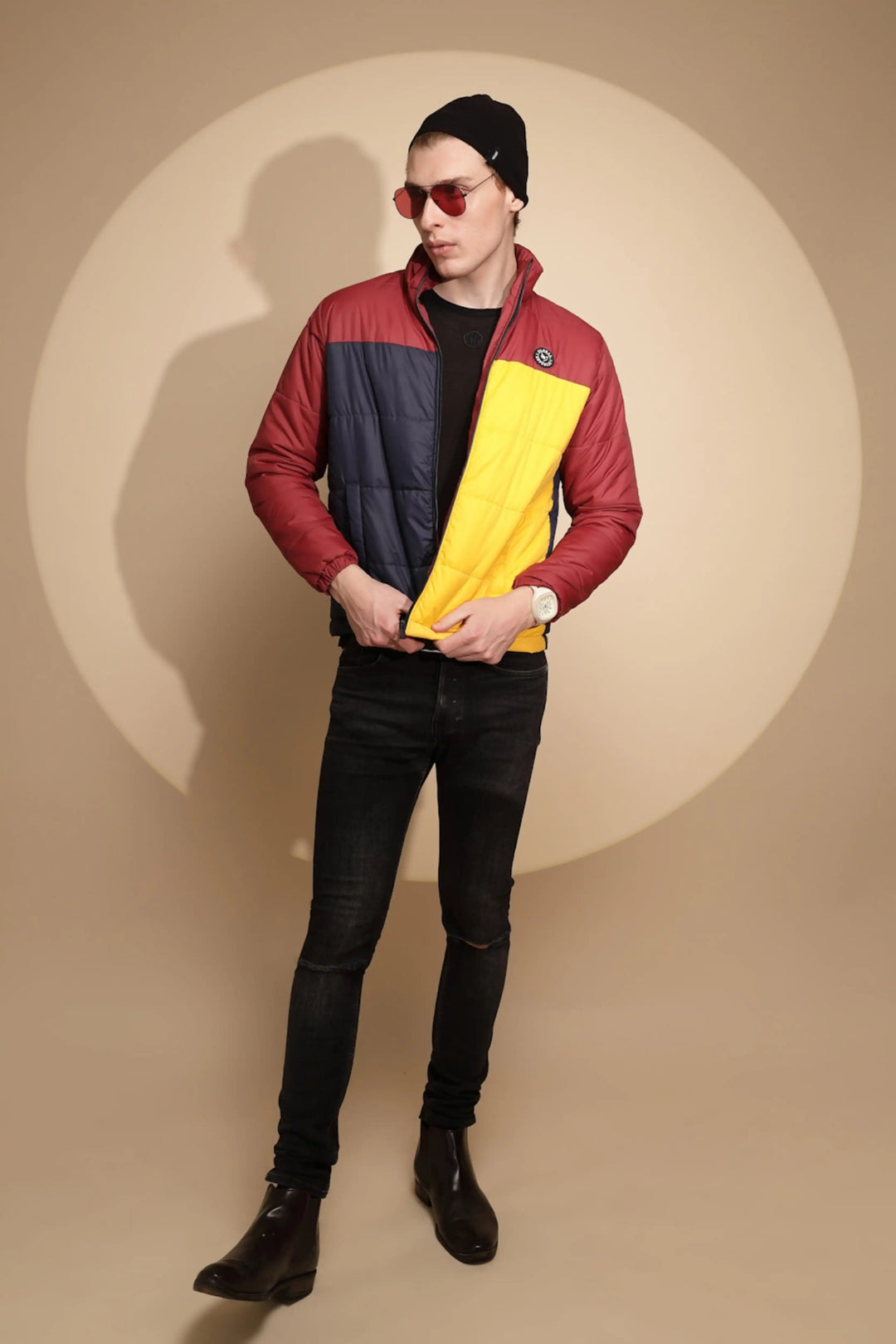 Men Red and Yellow Color Block Full Sleeve Turtle Neck Polycotton Jack
