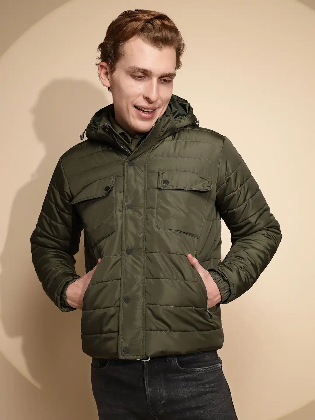 Men Olive Solid Full Sleeve cotton Hooded Puffer Jacket
