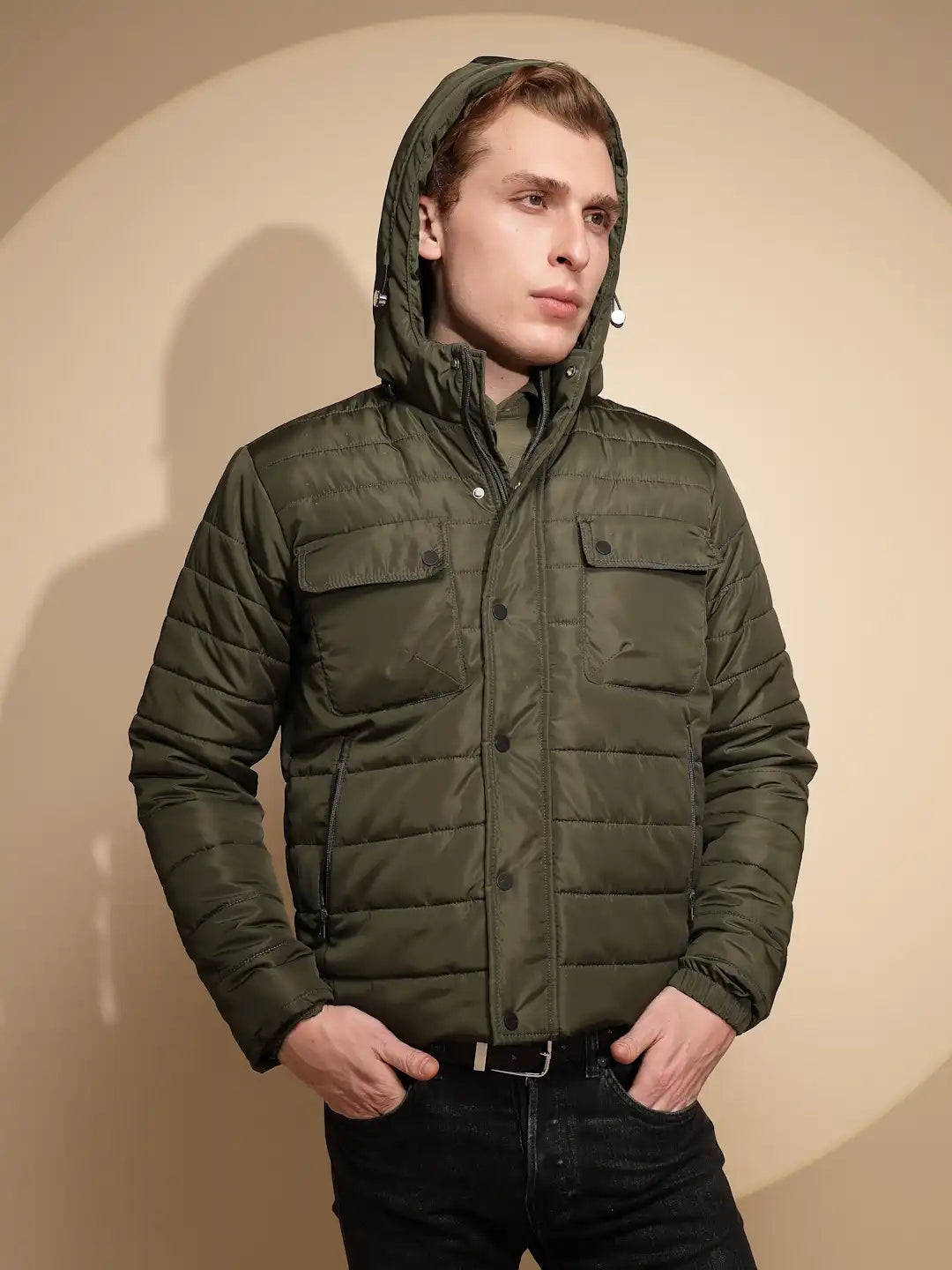 Men Olive Solid Full Sleeve cotton Hooded Puffer Jacket