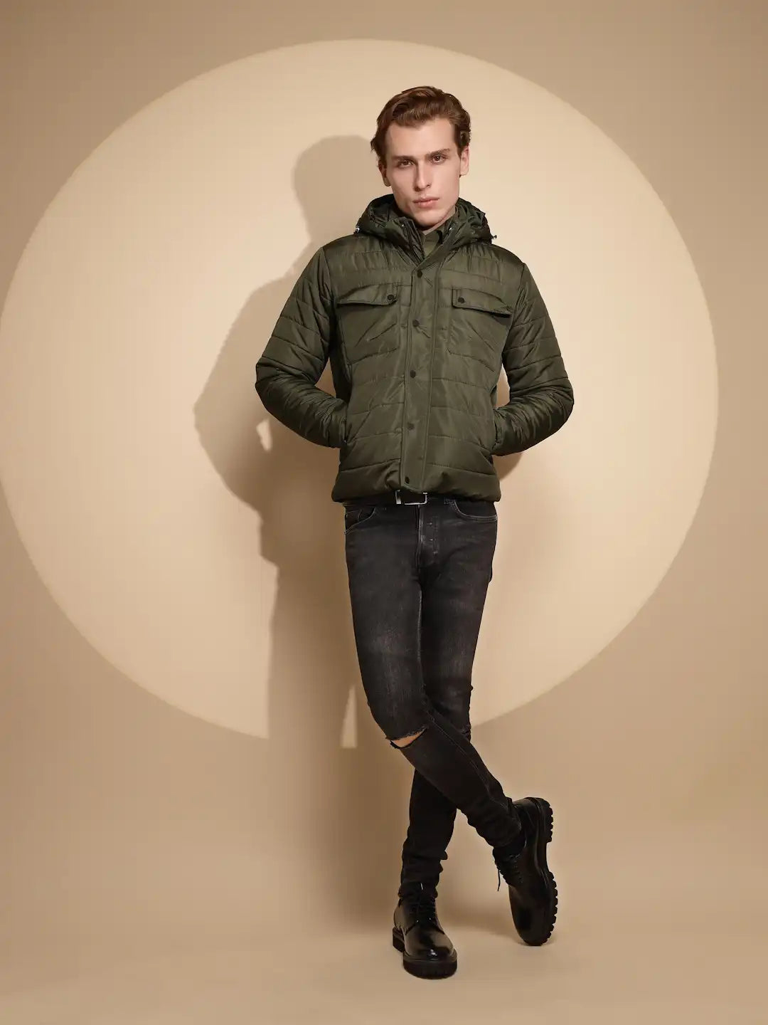 Men Olive Solid Full Sleeve cotton Hooded Puffer Jacket