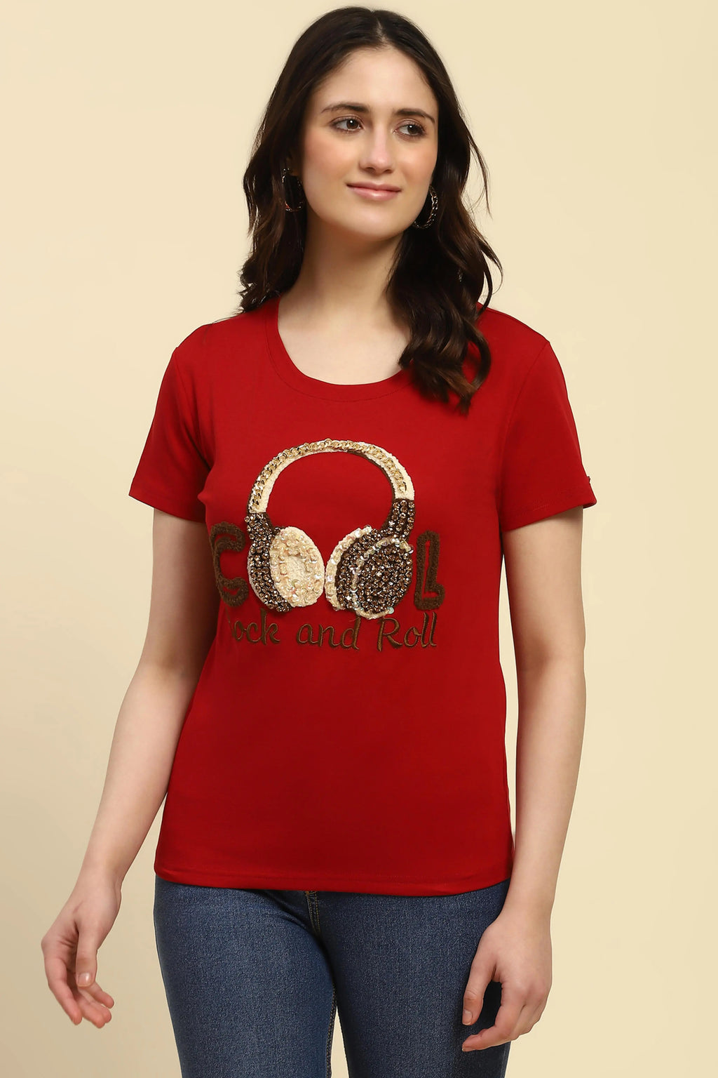 Cotton Top - Red Quirky Embellished Style for Unique Fashionistas