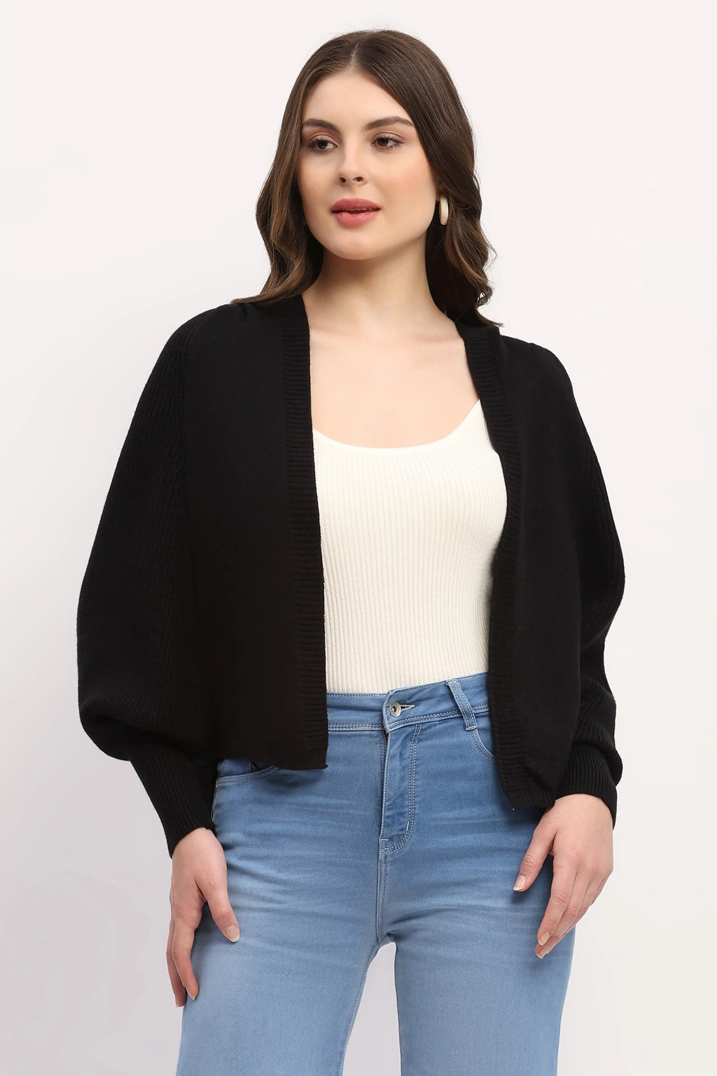 Trendy Black Hooded Winter Shrug- for Women