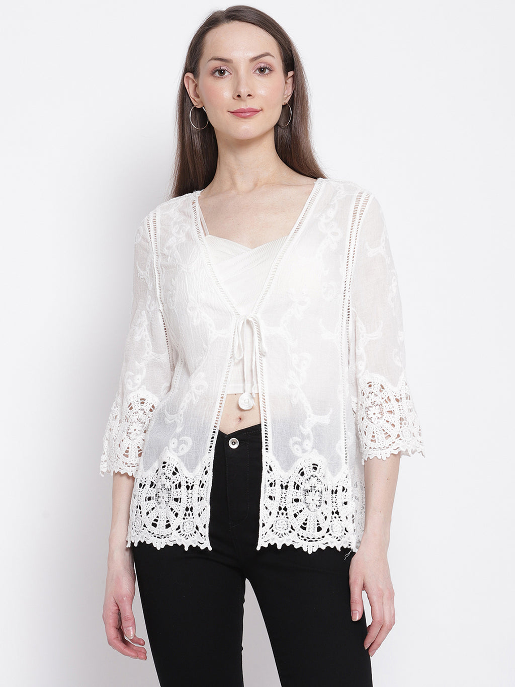 Women White Straight Fit Schiffli Shrug – Global Republic