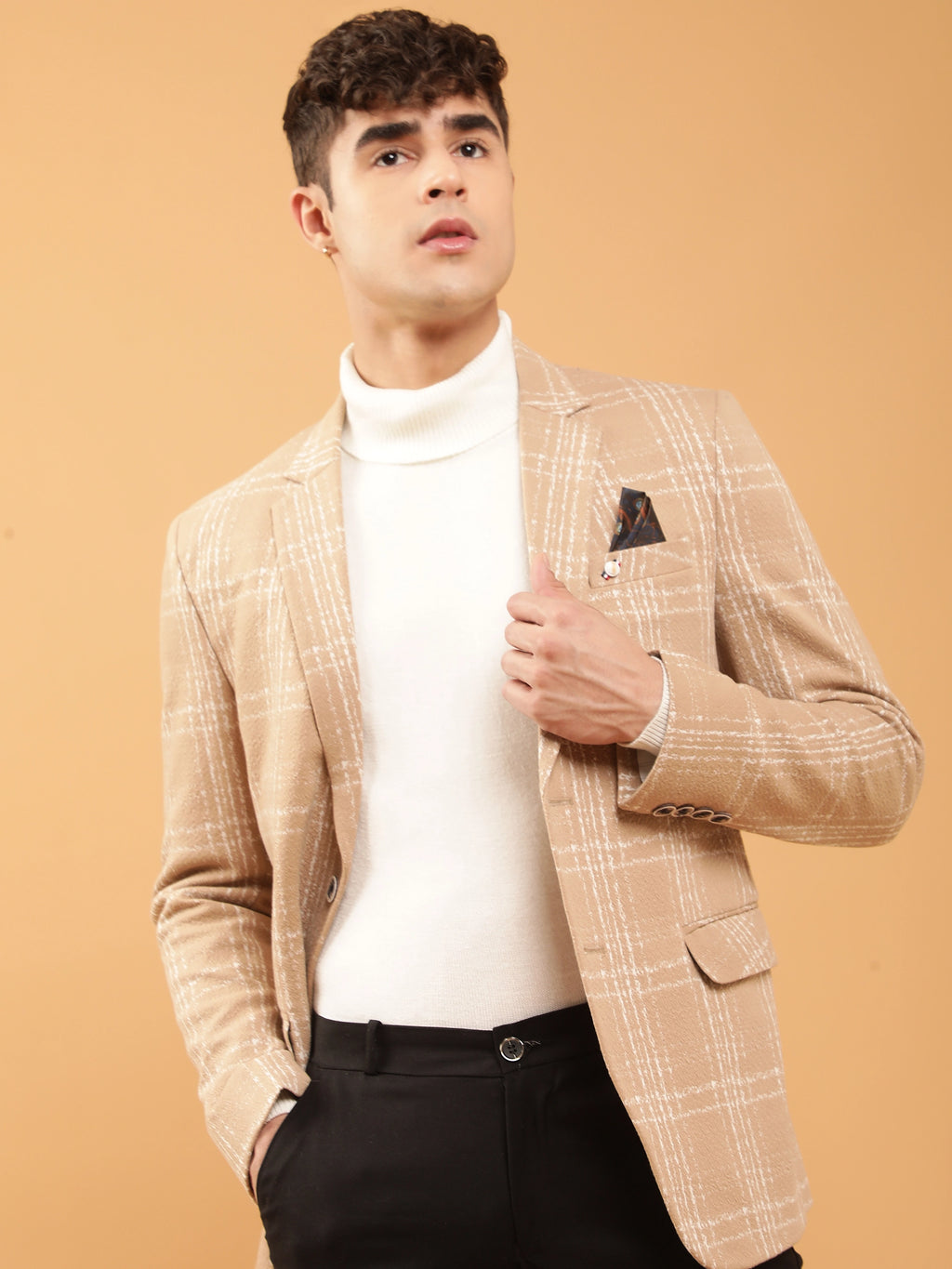 Mens Beige Tailored Fit Textured Check Pattern Coat – Glo...