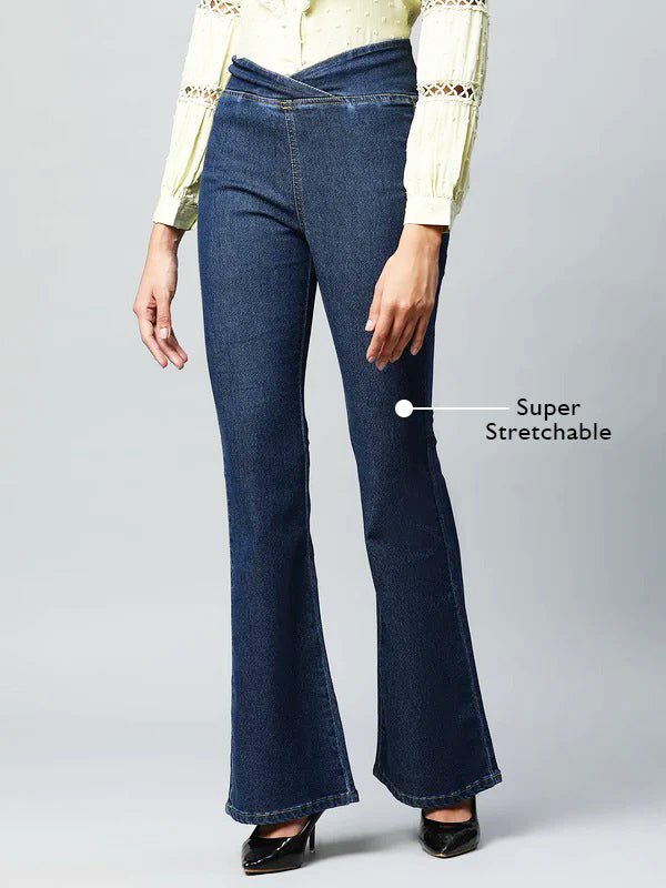 Buy Women Dark Blue V-shape Waist Denim Bootcut Jegging - Global Republic