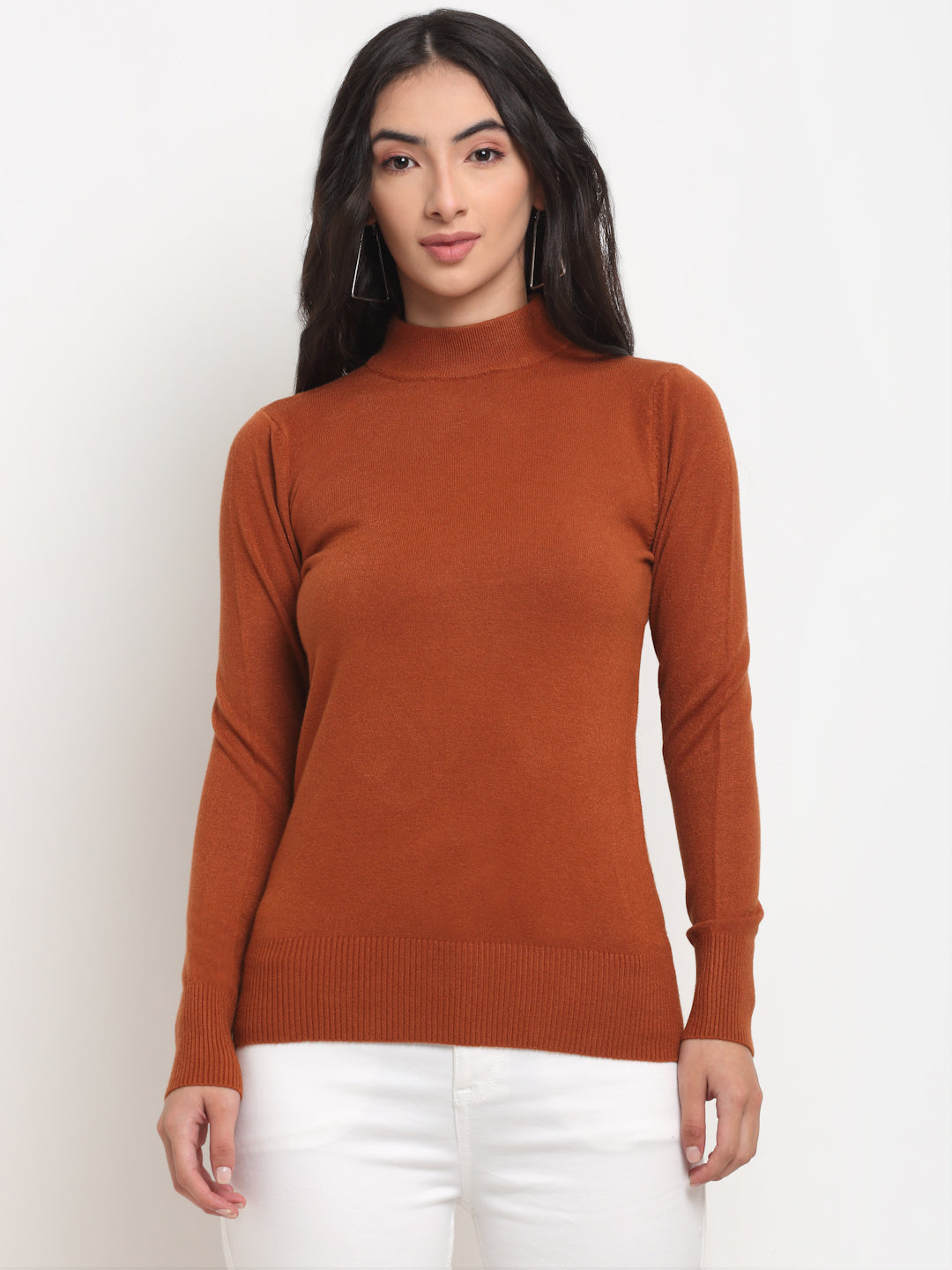 Women Rust High Neck Knitted Solid Skivvy